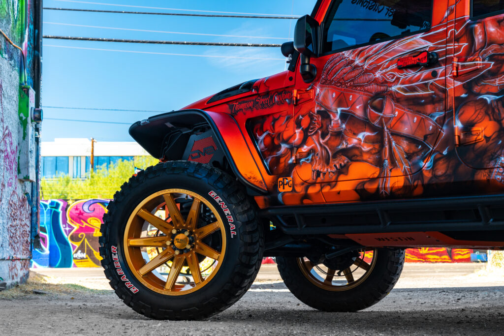 22×12 M25 OffRoad Monster Wheels on the 2021 SEMA Orange Jeep JK ...
